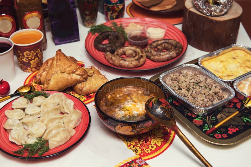 Russian table with food stock image. Image of meal, cream - 92252161
