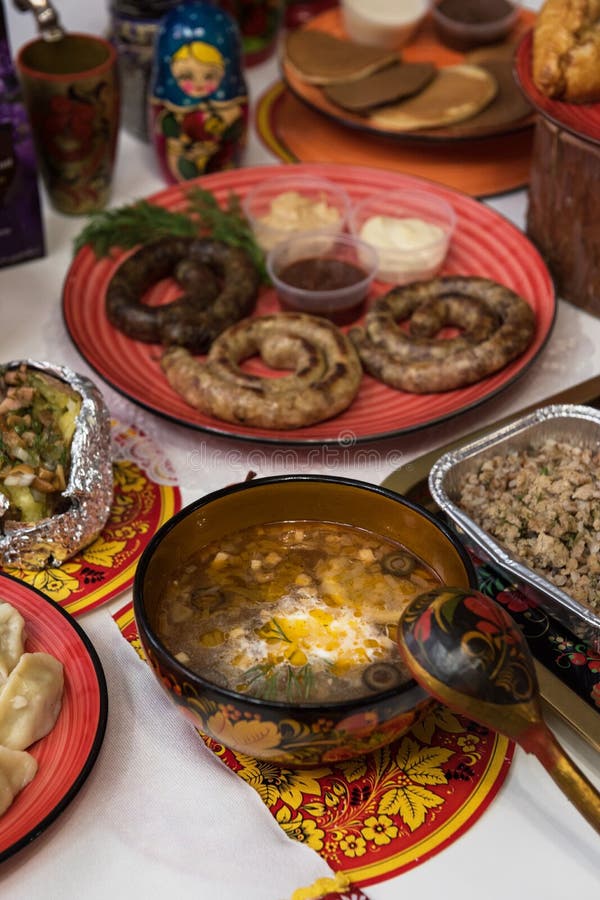 Russian table with food stock photo. Image of dumplings - 93492510