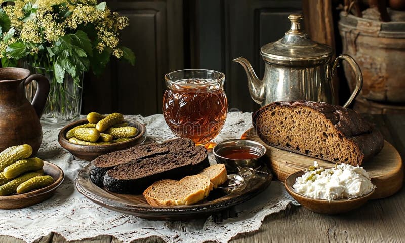 Russian Table with a Variety of Food Items Including Bread, Cheese ...