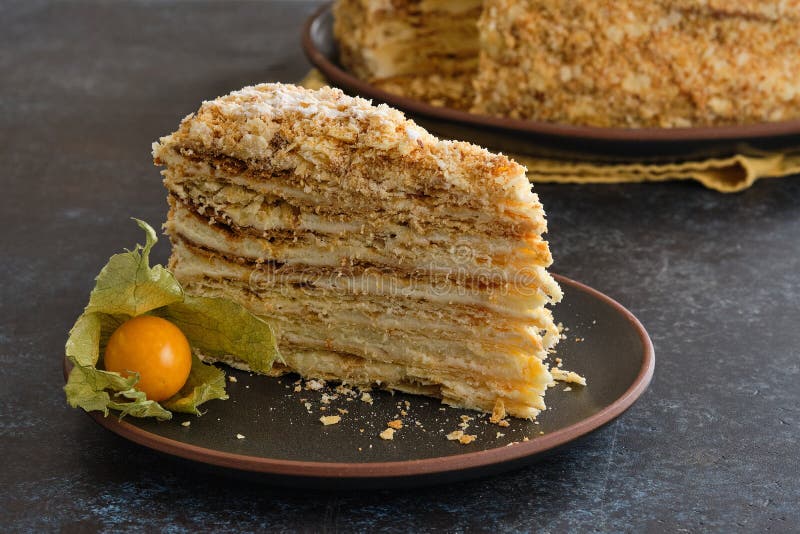 Russian Traditional Cake Napoleon. Homemade Custard Puff Cake. Stock ...