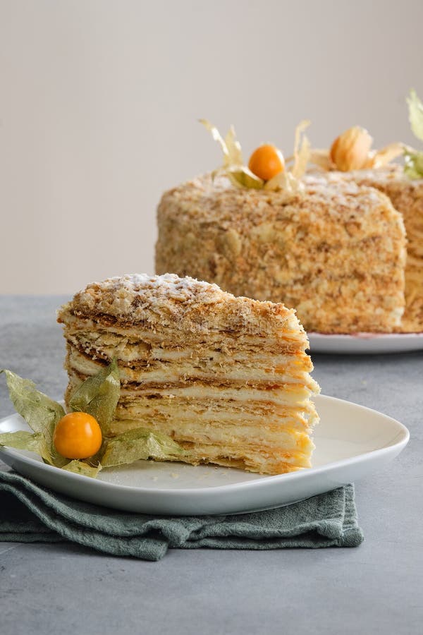 Russian Traditional Cake Napoleon. Homemade Custard Puff Cake. Stock ...