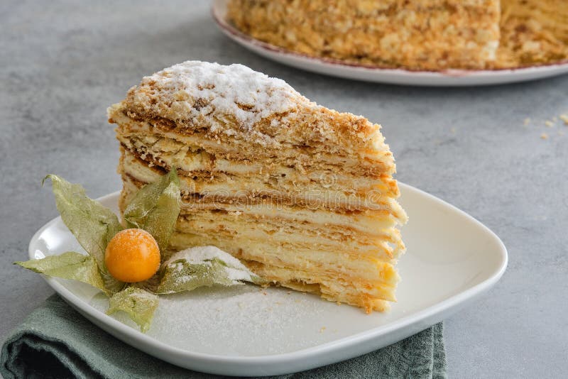 Russian Traditional Cake Napoleon. Homemade Custard Puff Cake. Stock ...