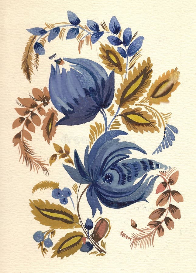 Water-colour Russian Flower Pattern Stock Illustration - Illustration ...