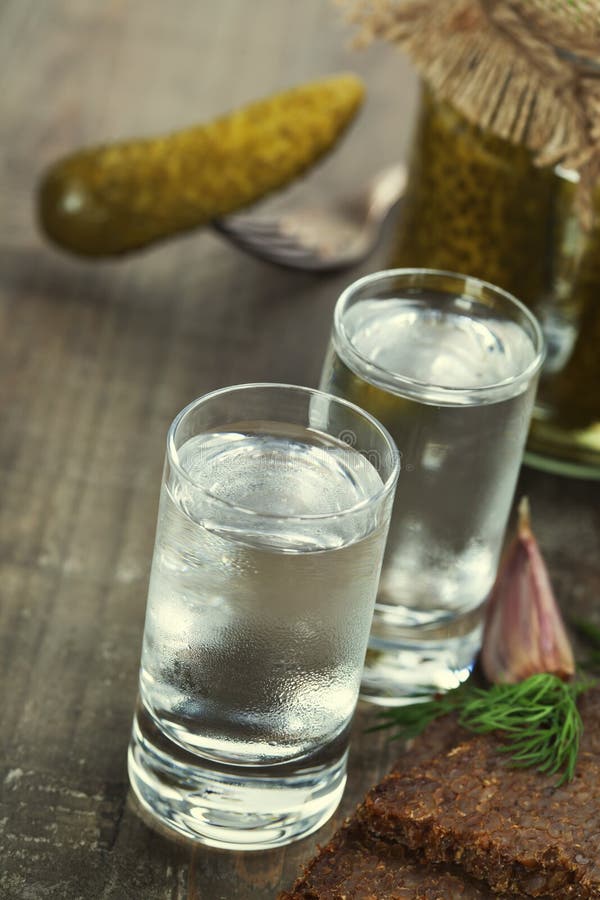 Russian Vodka with Traditional Black Bread Stock Photo - Image of light ...