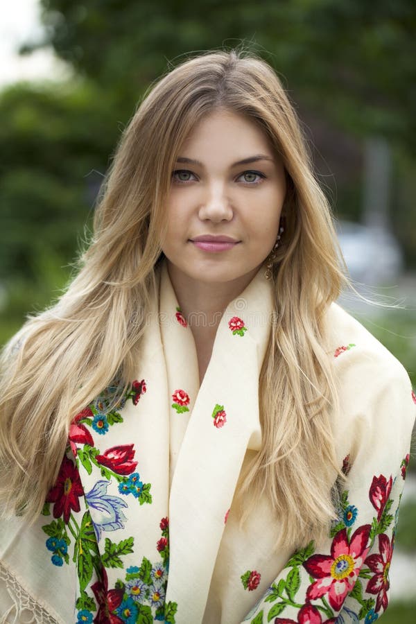 Russian Woman in the National Patterned Scarf Stock Image - Image of ...