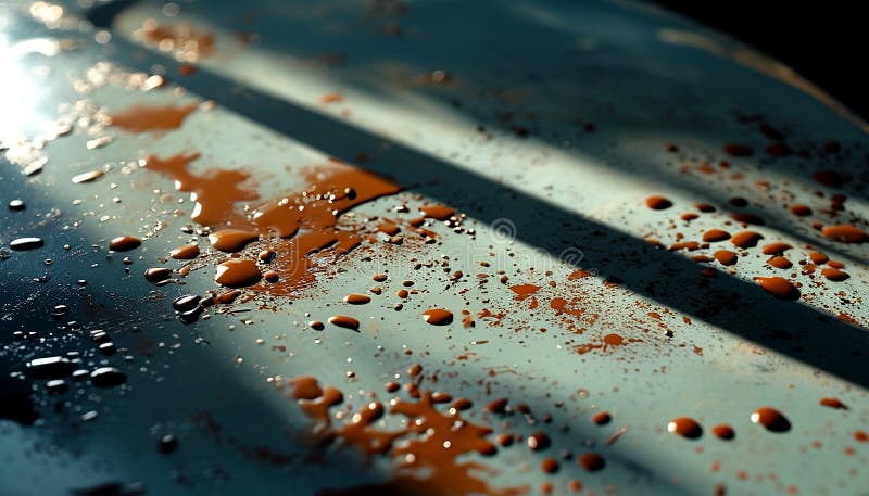 Rust-colored Liquid Droplets Glisten on a Surface Illuminated by Soft ...