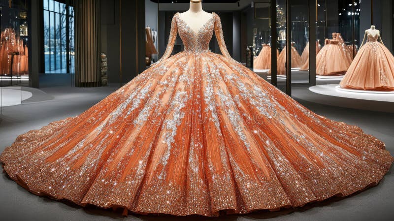 Rust-colored Luxury Ball Gown is Posed on a Mannequin within a Studio ...