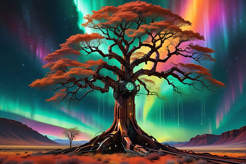 Rust-Tinged Robotic Tree Reaching Towards a Sky Streaked with Technicolor Auroras, Roots ...