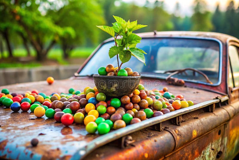 Rusted Car with Green Leaf and Floating Balls Stock Illustration ...