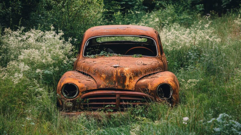 Rusted Car Partially Submerged in Tall Grass Stock Illustration ...