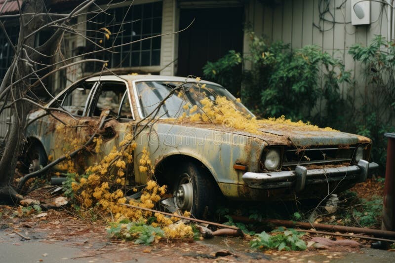 A Rusted Car Sits in Front of a House Stock Illustration - Illustration ...