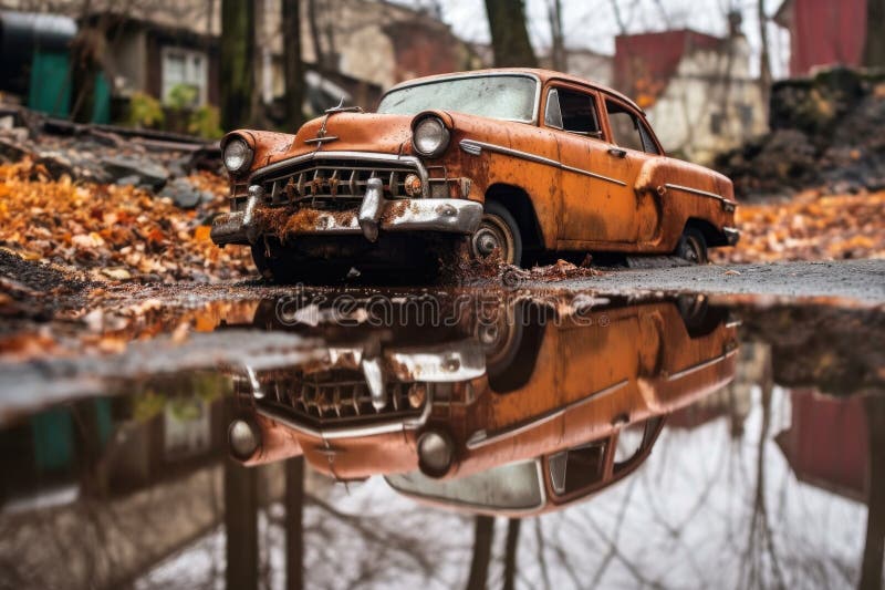 Rusted Car Wreck Reflection in a Still Puddle Stock Illustration ...