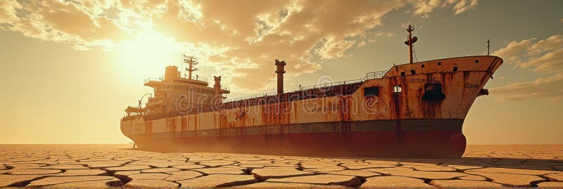 Cargo Ship Stranded Cracked Earth Under Dramatic Sunset Sky Stock ...