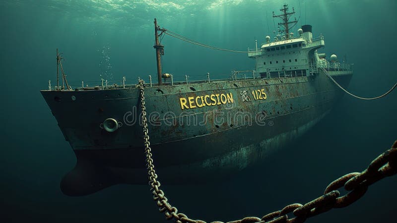 Rusted Cargo Shipwreck Submerged Underwater with a Long Chain Anchor ...