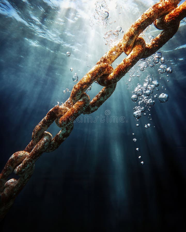 Rusted Chain Breaking Underwater with Air Bubbles Rising and Light ...
