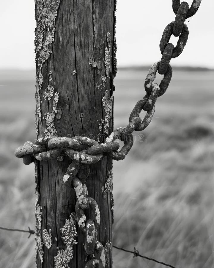 A Rusted Chain Hanging from a Forgotten Fence Post. Black and White Art ...