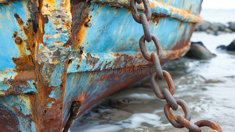 A Rusted Chain Stretches from a Peeling Blue Ship Stock Illustration ...