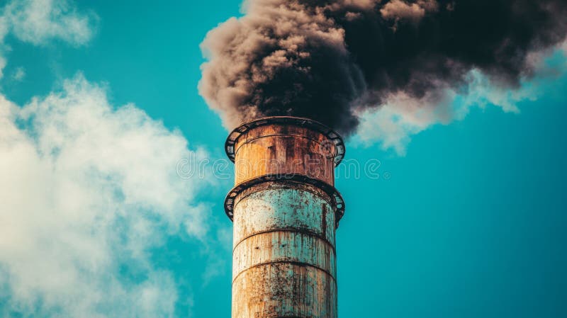 Rusted Chimney Emitting Thick Black Smoke Against a Bright Blue Sky ...