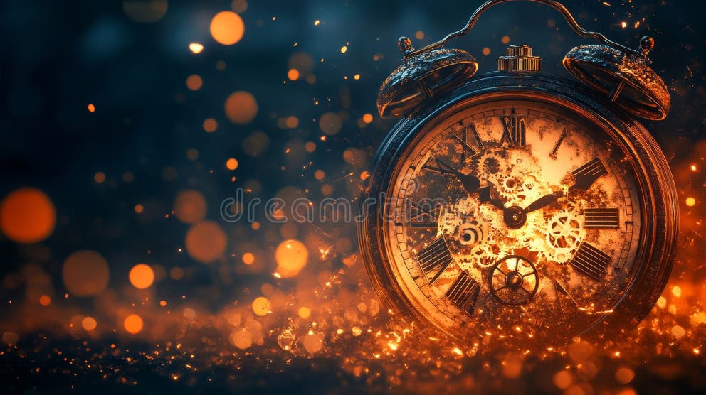Rusted Clock with Moving Gears and Bokeh Lights Stock Illustration ...