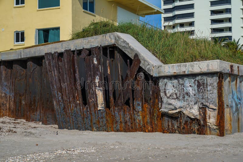 Rusted, Damaged and Partially Collapsed Seawall in Florida Stock Photo ...