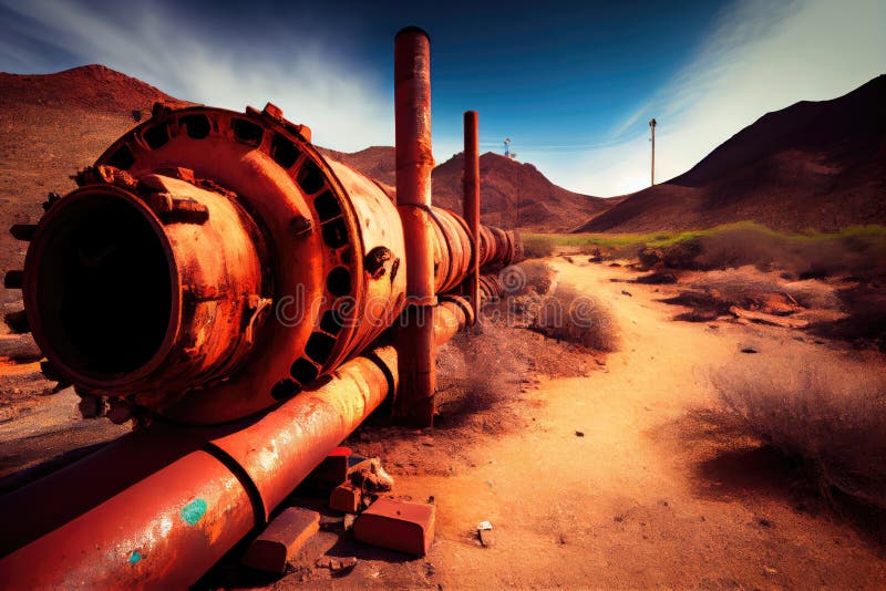 Rusted and Decaying Gas Pipeline in Desolate Valley Stock Illustration ...