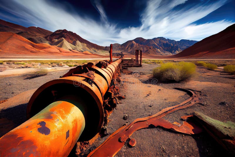 Rusted and Decaying Gas Pipeline in Desolate Valley Stock Illustration ...