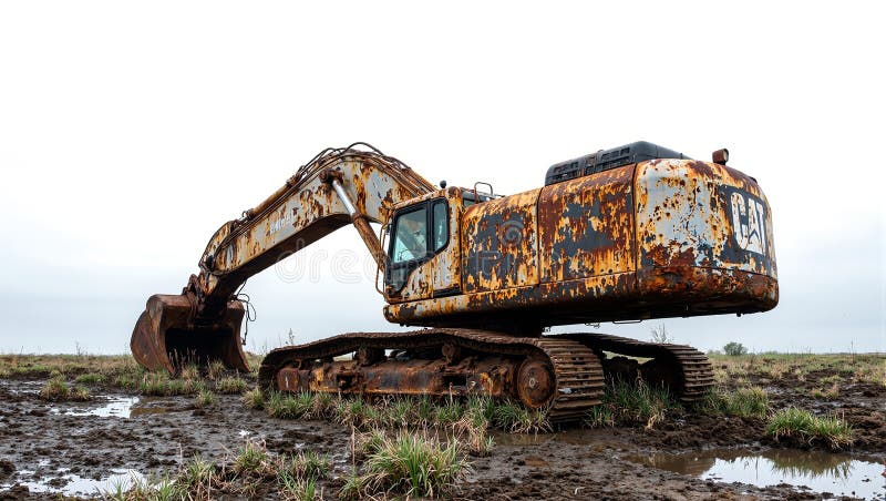 Rusted Excavator in Muddy Field with Raised Arm and Peeling Paint Stock ...