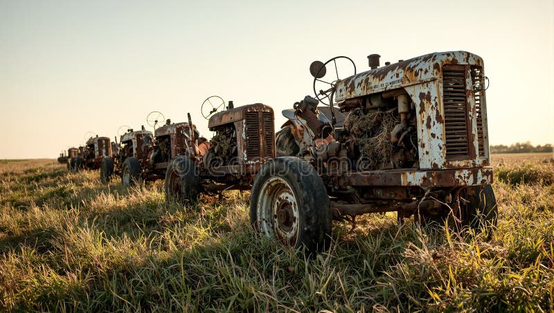 Rusted Farming Equipment in Overgrown Field with Birds Nesting Stock ...
