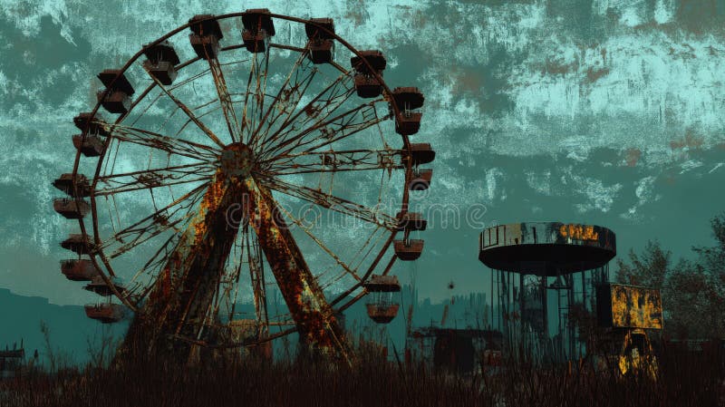 Rusted Ferris Wheel in an Abandoned Amusement Park Stock Illustration ...