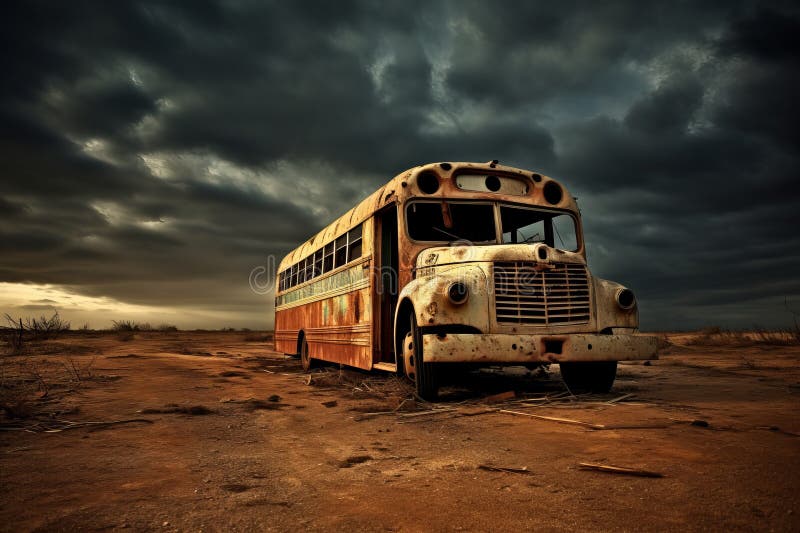 The Rusted Frame of an Old Bus Stands Alone on an Empty Road ...
