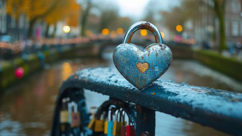 Rusted Heart Lock on Bridge Railing Over Canal Stock Illustration ...