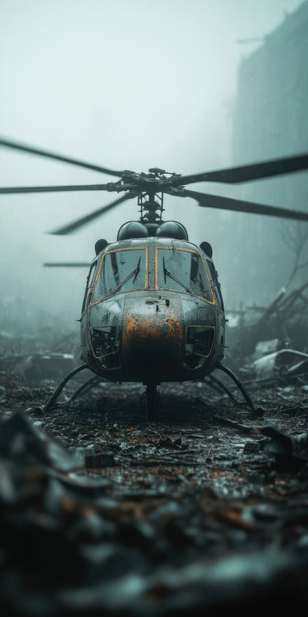 Rusted Helicopter in Post Apocalyptic Foggy Landscape for Dystopian or ...