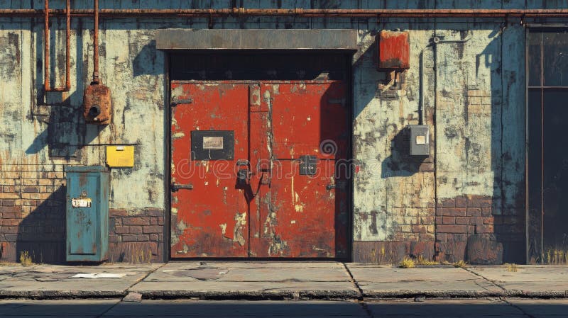 Rusted Industrial Building with Red Double Doors Stock Illustration ...