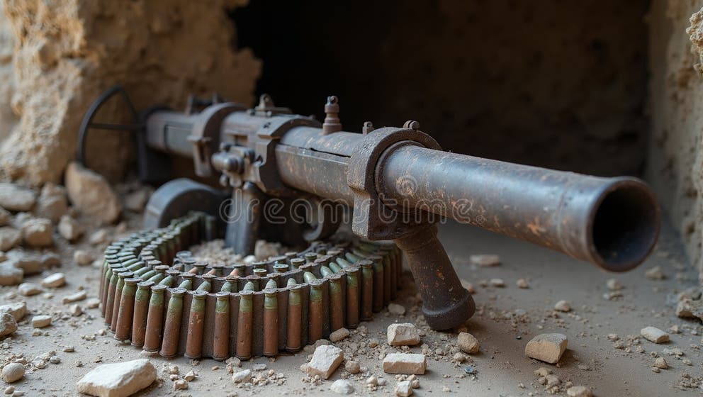 Rusted Machine Gun in Abandoned Bunker with Intact Ammo Belt Stock ...
