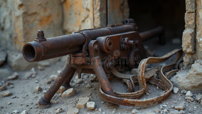 Rusted Machine Gun in Abandoned Bunker with Intact Ammo Belt Stock ...