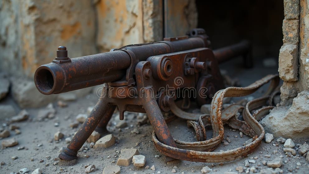 Rusted Machine Gun in Abandoned Bunker with Intact Ammo Belt Stock ...