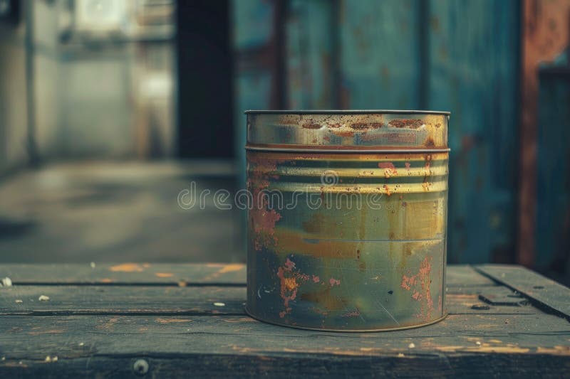 Rusted Metal Can Sits Wooden Table Rustic Background Stock Photos ...