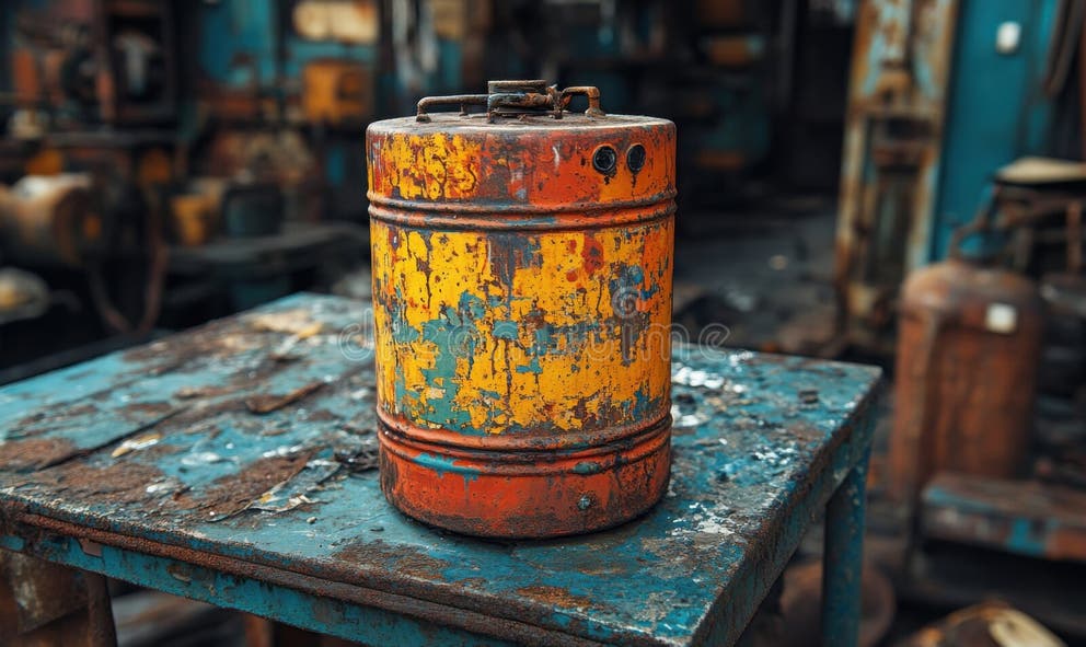 Rusted Metal Container Resting on an Old Workbench in a Cluttered ...