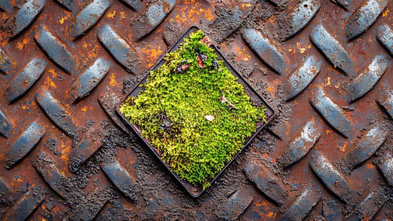 The Rusted Metal Grate on this Picture Has Moss Growing on it. Stock ...