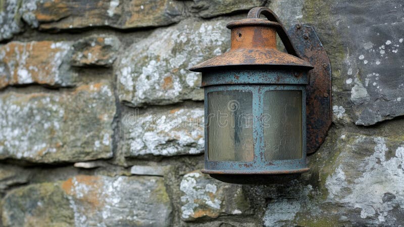 Rusted Metal Lantern Attached To Textured Stone Wall in Natural ...