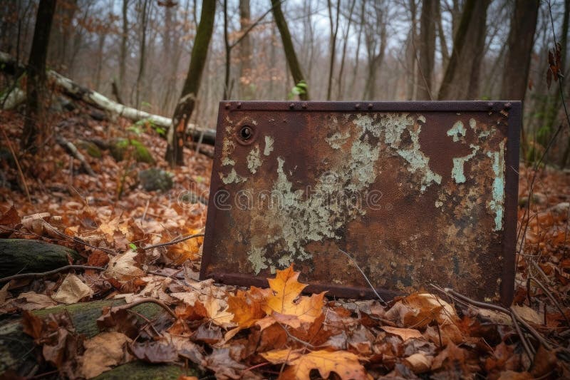 Rusted Metal Sign with Fallen Leaves in the Background Stock ...