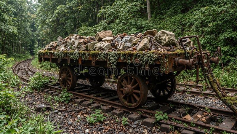 Rusted Mining Cart on Tracks in Dense Forest with Rocks and Moss Stock ...