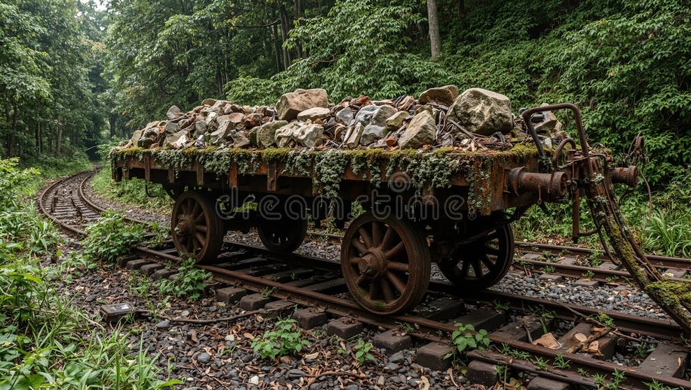 Rusted Mining Cart on Tracks in Dense Forest with Rocks and Moss Stock ...