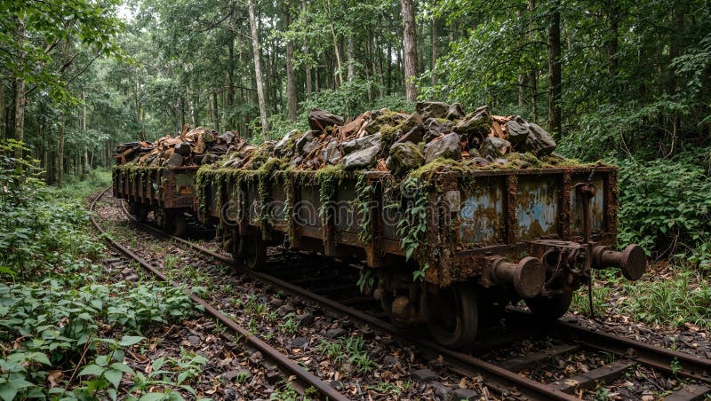 Rusted Mining Cart on Tracks in Dense Forest with Rocks and Moss Stock ...