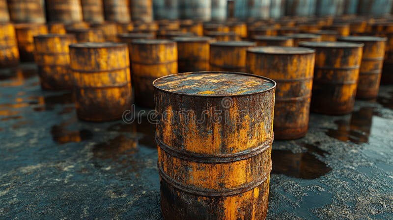 Rusted Oil Barrels Arranged in Rows, Highlighting Industrial Decay ...