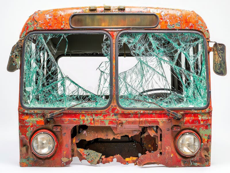 Rusted Old Bus with Broken Windshield Parked in Overgrown Weeds and ...