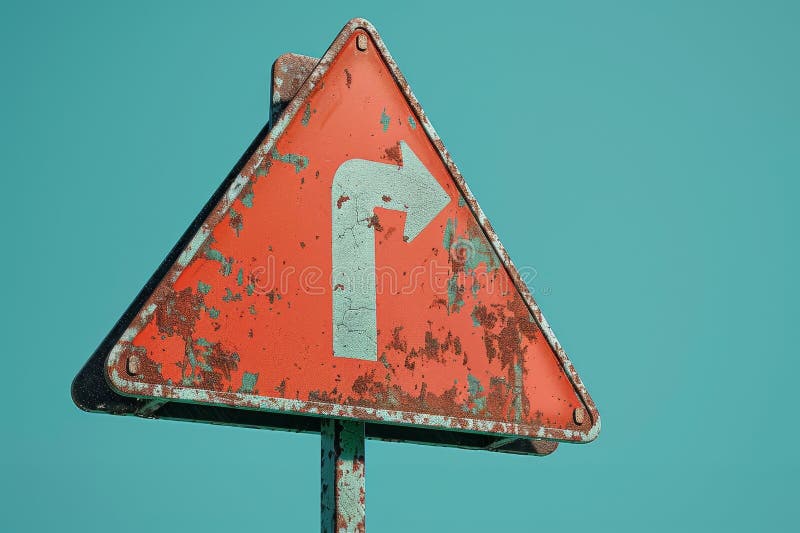 A Rusted, Old Triangular Sign with a Blue Arrow Pointing To the Right ...