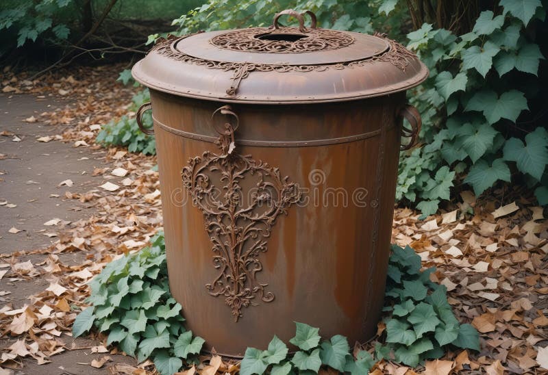 A Rusted, Ornate Metal Trash Can Stock Illustration - Illustration of ...