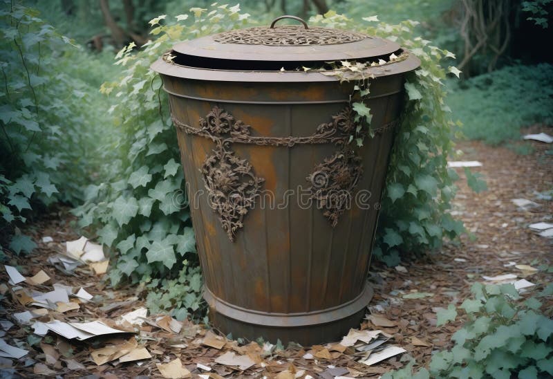 A Rusted, Ornate Metal Trash Can Stock Illustration - Illustration of ...