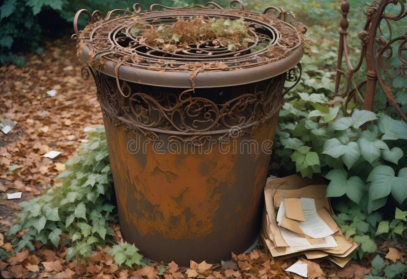 A Rusted, Ornate Metal Trash Can Stock Illustration - Illustration of ...